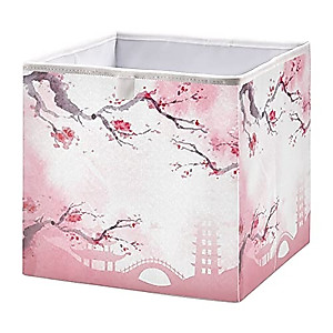 Kigai Collapsible Storage Basket,Japanese Cherry Blossom Foldable Fabric Bins Shelves Toy Storage Box Closet Organizers for Nursery,Utility Room, Storage Room120