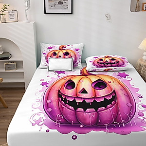 Pumpkin Sheets Twin Size, Halloween Spooky Bed Sheets, Patterned Bedding Sheets & Pillowcases 3 Piece Set - Soft Microfiber Deep Pocket Fitted Sheet & Flat Sheet & Pillow Case Z1-&-66