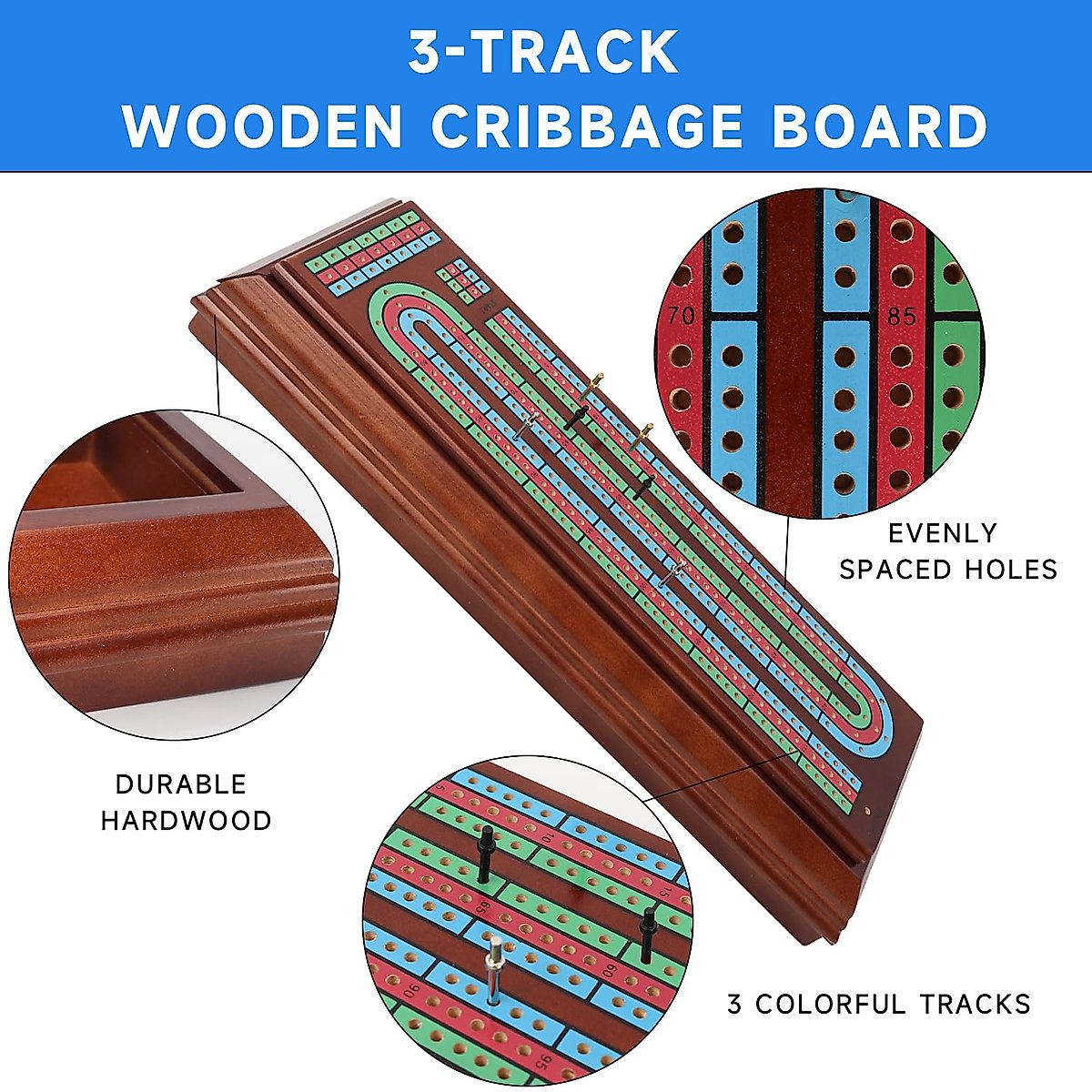 GSE Games & Sports Expert Multi-Color 3-Track Wooden Cribbage Board Game Box with 2 Deck Playing Cards, 9 Metal Pegs and Storage Drawer, Three-Track Cribbage Board with Large Storage
