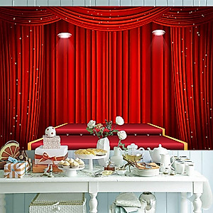 EMTOBT 7x5ft Theater Stage Backdrop Red Velvet Curtain Glittering Gold Star Spot Lights Kids Children Adult Family Birthday Carnival Baby Party Cake Table Vinyl Banner Supplies BJRLEM1560