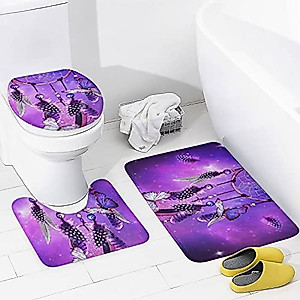 EEncantoo 4 Piece Dreamcatcher Butterflies Purple Art Shaggy Rugs + Contour Mat & Lid Cover Rubber Backing + Quick Dry Shower Stall Curtain for Dorm Room, Tub and Shower
