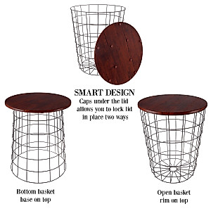 End Tables Set of 2 - Nesting Tables with Removable Wood Tops and Metal Basket Bases for Blanket Storage - Round Side Tables for Living Room, Bedroom, or Home Office by Lavish Home (Cherry/Black)