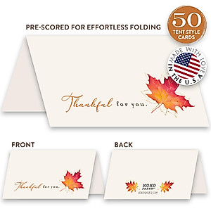 Koko Paper Co Maple Leaf Thankful for You Thanksgiving Table Place Cards | 50 Tent Style Dinner Setting Name Cards | Designed and Made in the U.S.A.