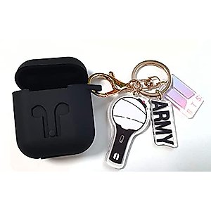 BT-S Airpods Case with Kpop Bangtan Boys Army Bomb Keychain, Protective Premium Silicone Cover Compatible with Apple Airpods (Black)