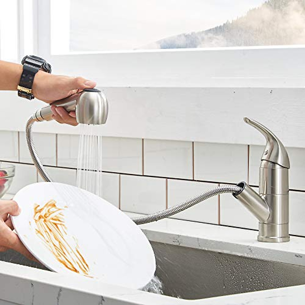 Comllen Commercial Brushed Nickel Stainless Steel Small Single Handle Rv Pull Out Kitchen Sink Faucet, Single Lever Pull Down Prep Kitchen Faucets with Sprayer Bar Facuet