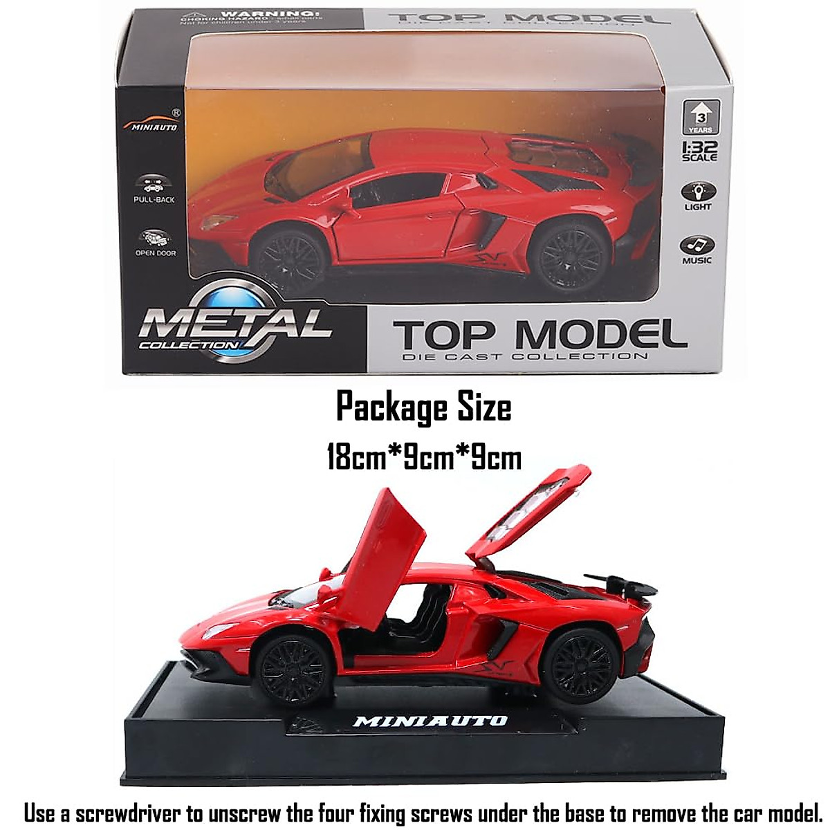 Alloy Collectible Red Lamborghini Car Toy Pull Back Vehicles Diecast Cars Model with Light & Sound