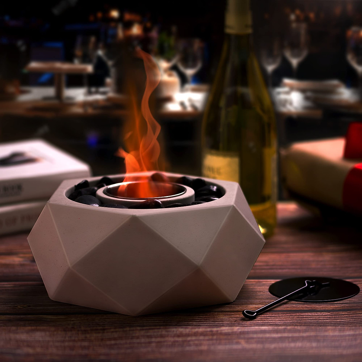 Tabletop Fire Bowl - Extra Large Concrete Table Top Fire Pit Indoor Outdoor Portable Fireplace Geometric Centrepiece, Gray, 9.45 inches