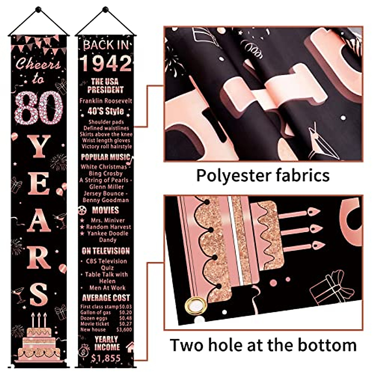 Pimvimcim 80th Birthday Door Banner Backdrop Decorations for Women, Rose Gold Cheers to 80 Years Back in 1942 Party Banner Supplies, Happy 80 Year Old Birthday Door Porch Sign Décor, Black