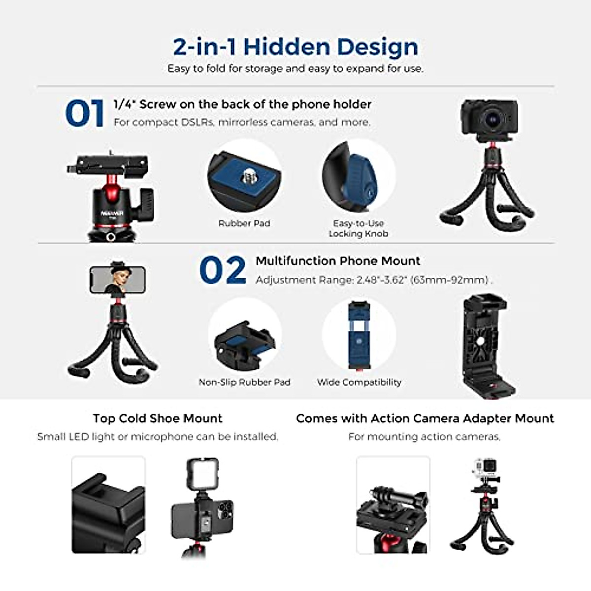 NEEWER Camera Flexible Tripod with Remote Shutter, Mount Adapter for Hero 11 10 9 8, Hidden Phone Holder with Cold Shoe, 1/4" Screw for Magic Arm, Bendable Vlogging Tripod, Load Up to 4.4lb - T30