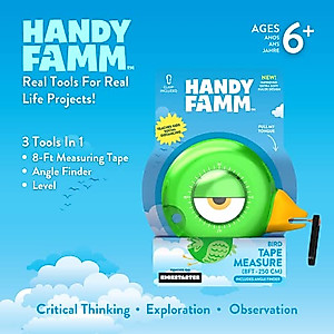 Handy Famm Kids 8 Ft Retractable Bird Measuring Tape - Level, Angle Finder, Easy Grip Latch & Durable Carrying Clasp - Cute Boys & Girls DIY STEM Learning Construction Project Measurement Tool, Green