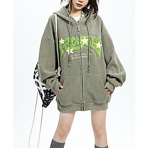 Sumleno Y2K Zip Up Hoodie Letter Print Star Graphic Grunge Hooded Corduroy Sweatshirt Jacket Oversized Retro Y2k Clothing (Green,M)