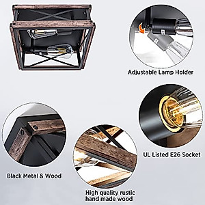 Mayful Flush Mount Light Fixture, 2-Light Rustic Ceiling Light Combine with Metal and Wood Frame, Farmhouse Flush Mount Ceiling Light for Kitchen Hallway Entryway Bedroom Porch Living Room…