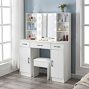 Large Vanity, Vanity Desk with Mirror & Lights,White Vanity Set Makeup Table with 3 Drawer & 3 Level Storage Dresser,2 Cabinets,Bedroom Dressing Table