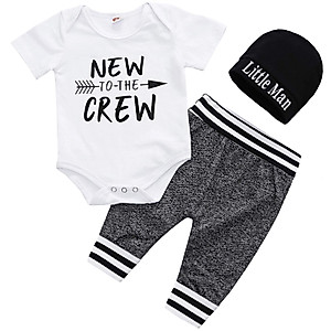 Tikoubabe Baby Boy Clothes Stuff Infant Summer 3 Piece Outfits Newborn Cute Letter Printed Romper Short Sleeve + Pants + Hat New To The Crew White Grey 0-3 Months 70CM