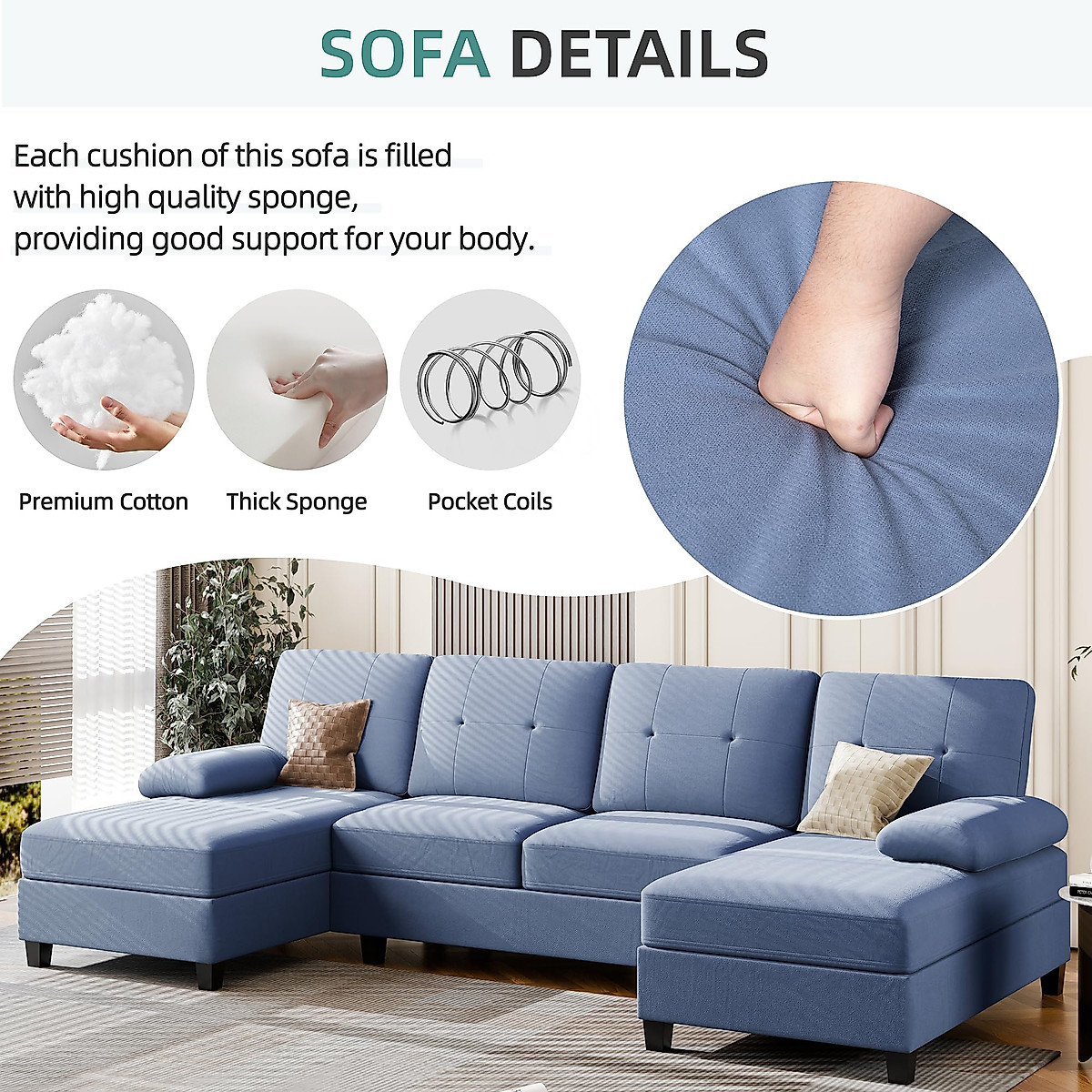 JAMFLY Sectional Sofa Couches for Living Room, Living Room Furniture Sets Clearance, 4 Seat U Shaped Sofa Sectional Couch with Chaise, Blue