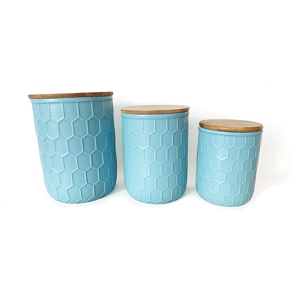 First of a Kind Kitchen Canisters - Blue Stoneware Canisters with Bamboo Lids, Set of 3 Storage Canister Container Set - Honeycomb Design, Ceramic Food Canister Jars for Tea, Sugar & Flour Storage