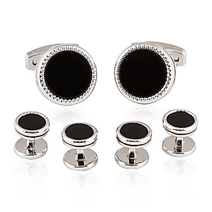 Cuff-Daddy Tuxedo Cufflinks Studs Formal Set Black Onyx Silver with Presentation Box Gift Party Special Occasions Wedding Anniversary Suit French Cuff Shirts Unique Cufflinks Set