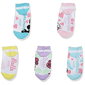Disney Girls' Little Princess 5 Pack No Show, Pastel Assorted Big Face, Fits Sock Size 6-8.5 Fits Shoe Size 7.5-3.5