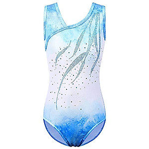 BAOHULU Gymnastics Leotard Girls Shiny Flower Ballet Dance One Piece Party Costumes B278_WhiteBlue_10A