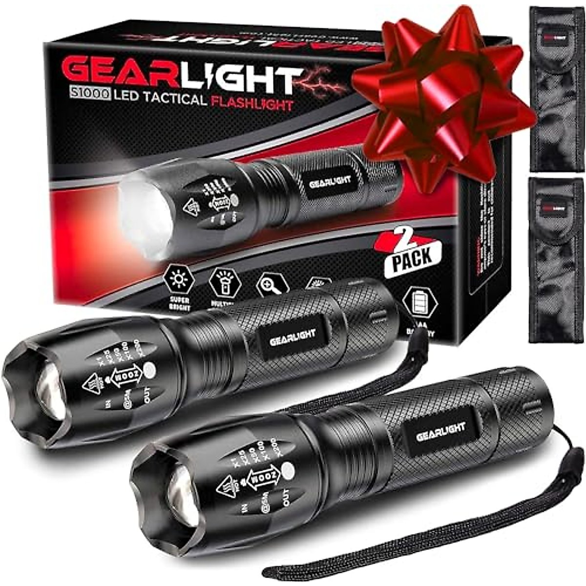 GearLight 2pack S1000 LED Flashlights High Lumens - Mini Flashlights for Camping, Hiking, Walking - Powerful Emergency Flashlights with 5 Modes for Outdoor Use - Bright Flashlight with Zoomable Beam