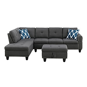 FANYE L-Shaped Sectional Sofa with Right Chaise & Nailhead Decor,Modern Faux Leather Tufted Upholstered Corner Sofa&Couch W/Cup Holders and Storage Ottoman for Home Apartment Office Living Room