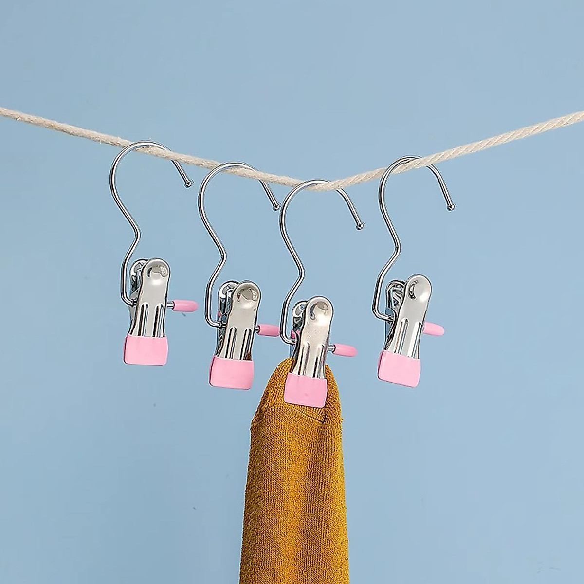 Clothes Pins Clips with Hook, 10 Pcs 2.2 Inch Stainless Steel High Elasticity Good Persistence for Clothes, Wardrobe Hooks, Socks, Hat, Tie (10)