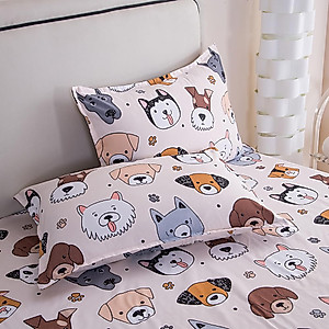 Generic WFFFa 3PC Dogs Printed Bed Sheet Set for Kids,Soft Breathable Fabric Flat Sheet Deep Pocket Fitted Sheet and Pillow Cases Set (Cream, Twin)