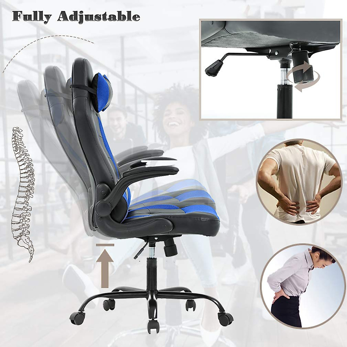 Gaming Chair Office Chair Desk Chair with Lumbar Support Flip Up Arms Headrest PU Leather Swivel Rolling Adjustable High Back Racing Computer Chair for Women Men Adults,Blue