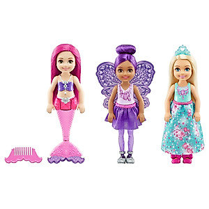 Barbie Mattel Dreamtopia-Pack of 3 Chelsea Mermaid, Fairy and Princess Dolls, Multicolor FPL86
