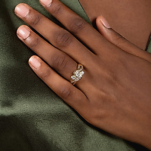 Jewelili 14K Yellow Gold Over Sterling Silver 4.5 MM and 3 MM Round Created White Sapphire and Natural White Round Diamond Accent Ring, Size 7