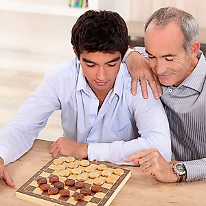 48 Pieces Wooden Checkers 1.06 Inch Wooden Checkers Pieces with Stackable Ridge in Drawstring Storage Pouch Red Black Dark Brown Wood Color (Red, Black, Dark Brown, Natural Color)