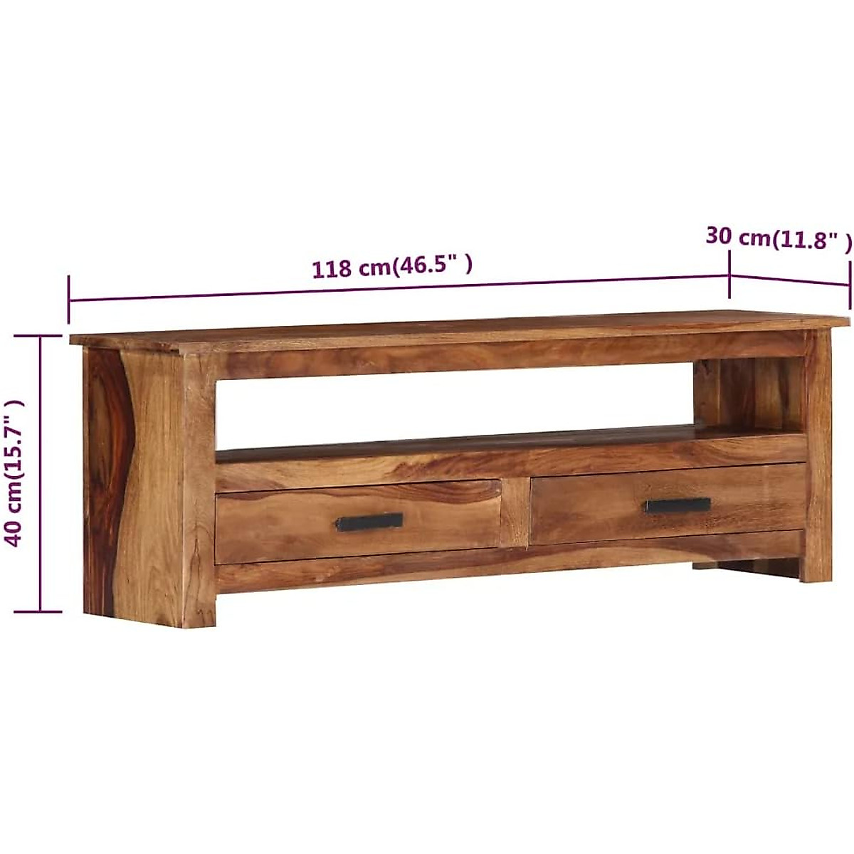 vidaXL Solid Wood Sheesham TV Cabinet with 2 Drawers & 1 Compartment - 46.5x11.8x15.7 - Rustic Brown Wooden Lowboard/Stereo Stand - Fully Assembled
