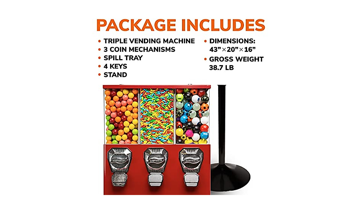 Red Triple Vending Machine for Gumballs & Candies | Commercial Use