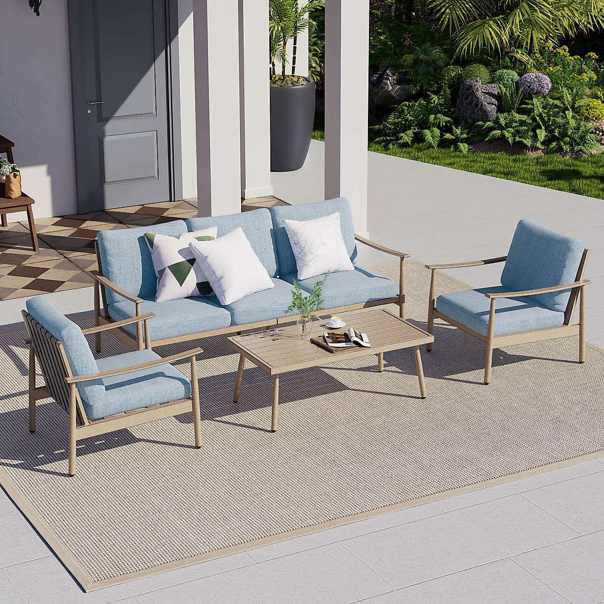 HAPPATIO Patio Outdoor Furniture Set - 4 Piece Aluminum Patio Conversation Set with 1 Coffee Table, 2 Armchairs and 1 Three-Seater Sofa, Aluminum Outdoor Furniture Set for Backyard Poolside(Brown)