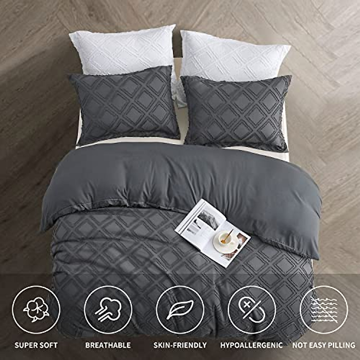 Maple&Stone Queen Duvet Cover Set, 3 Pieces Textured Tufted Boho Bedding Sets Zipper Closure Design with Ties, 1 Duvet Cover + 2 Pillow Shams, Comforter NOT Included (Dark Grey, Queen Size)