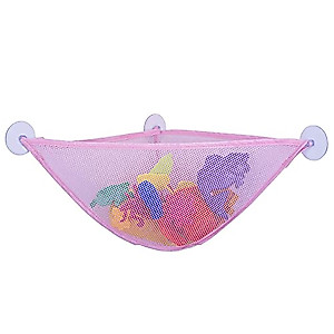 Bath Toy Organizer, with 3 Strong Suction Cups Mounted Bath Toy Storage Net & Bathroom Corner Shower Caddy Bag Bathroom Storage Bag (Pink)