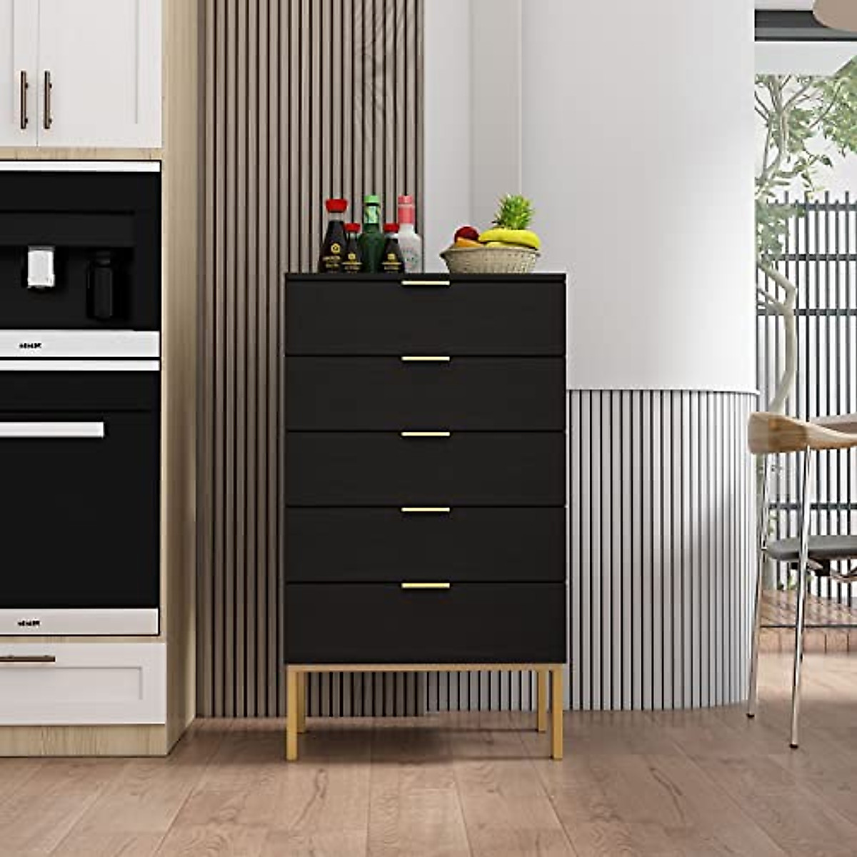 FAMAPY Chest of Drawers 5-Drawer Dresser with Straight Gold Metal Legs, Wood Storage Chest Drawer Organizer Large Storage for Bedroom Black (23.6”W x 15.7”D x 41.1”H)