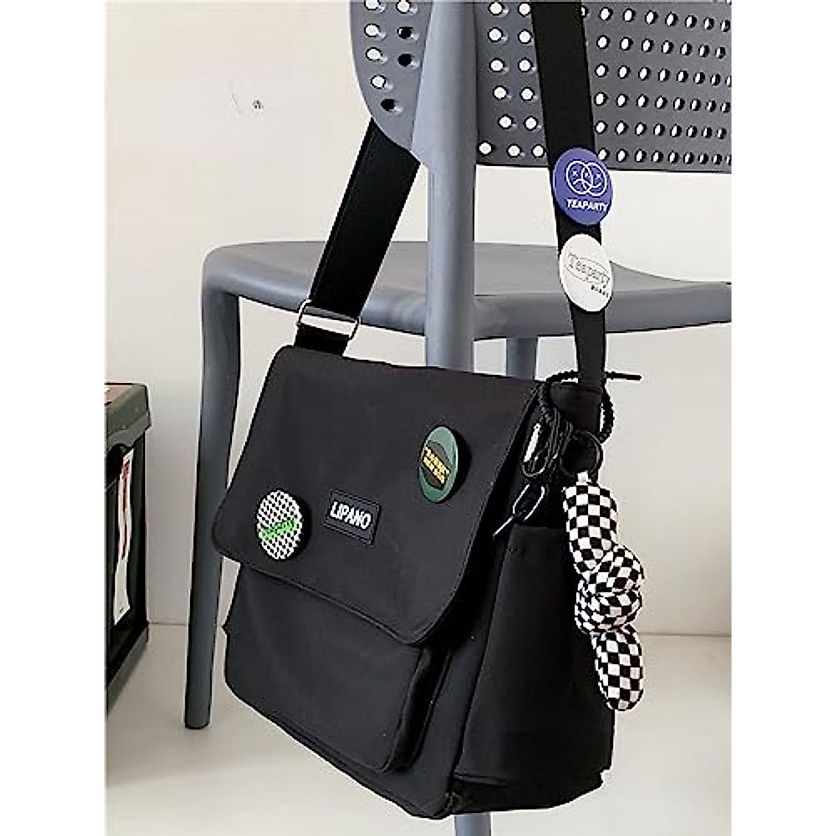 Messenger Crossbody Bag for Women - Nylon Vintage Aesthetic Cute Canvas Tote (Black)