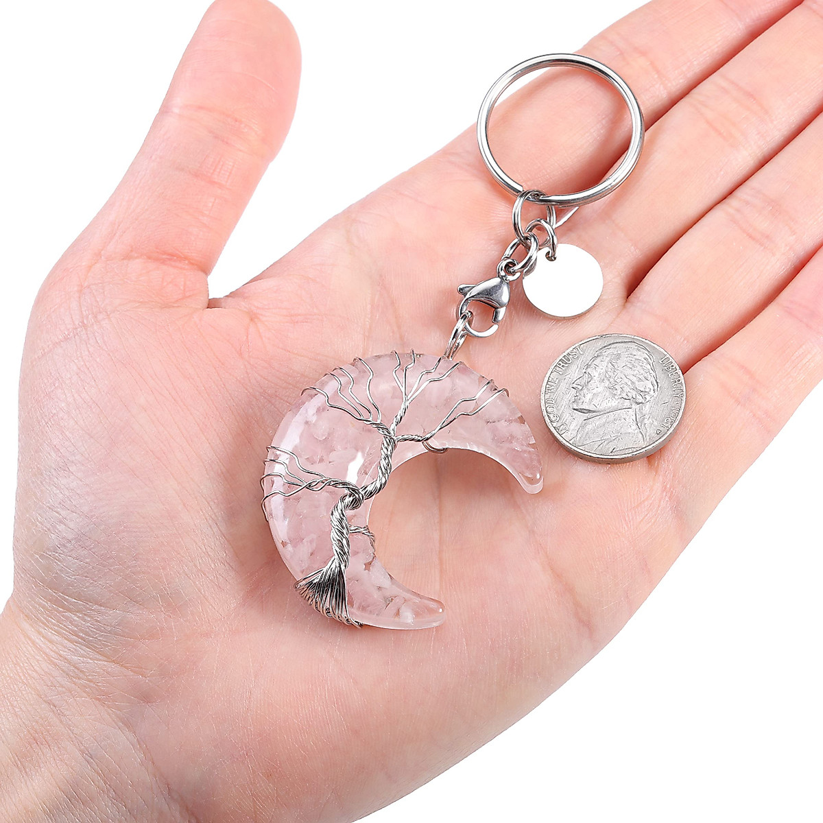 Top Plaza Rose Quartz Crystals Stones Keychain Life Tree Wire Wrapped Crescent Moon Keychain Natural Healing Gemstones Keychain Keyring for Women Mom Birthday Mother’s Day Gifts