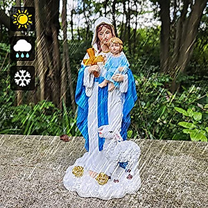 Voveexy Virgin Mary Statue with Baby Jesus, Solar Mother Mary Statue Resin Figurine with Warm White Light Outdoor Decor Sculpture Patio Yard Art Religious Gift for Mother Christmas Day, 11.6Inch