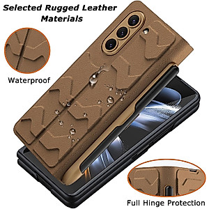 EKSED Leather Case for Samsung Galaxy Z Fold 5 Stand Case with Card Slot & Screen Protector,360° Full Body Hinge Protection Leather Cover Wallet Case for Galaxy Z Fold 5 5G Phone Case Brown