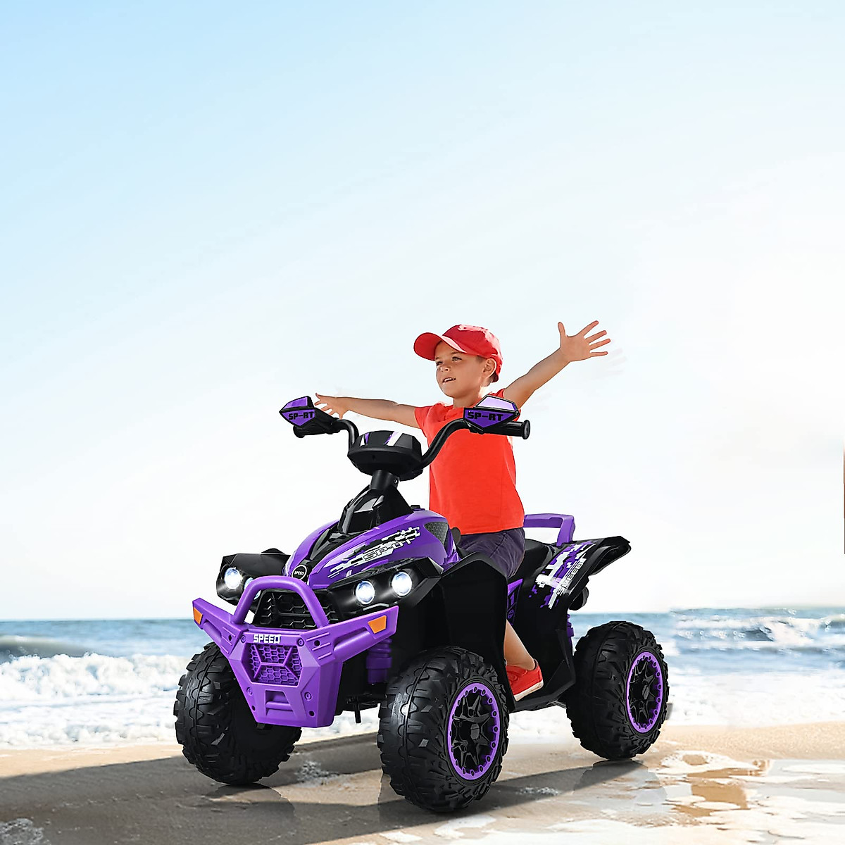 OLAKIDS Ride On ATV, 12V Kids 4 Wheeler Battery Powered Toy Car for Toddlers, Electric Rear Motorized Quad Vehicle for Boys Girls with LED Lights, Music, Horn, High Low Speed, Soft Start (Purple)
