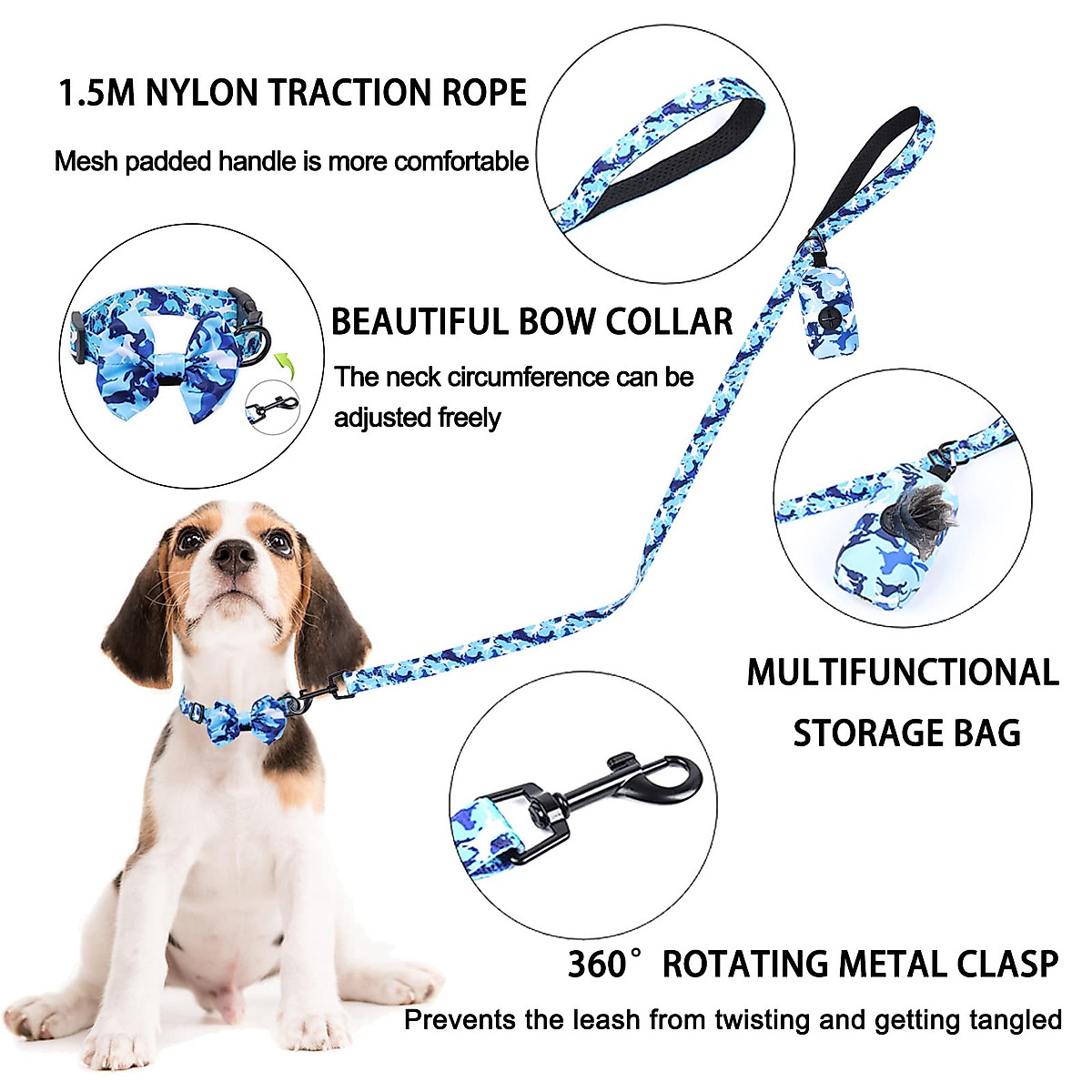 Step in Dog Harness and Leash Set, Adjustable Reflective No Pull Dog Vest Harness Set for Puppy Medium Dog with Bow Collar, Leash and Poop Bag, Medium Blue Camouflage