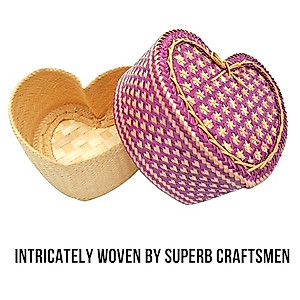Bamboo Sticky Rice Serving Basket 6 x 5.2 Inch, Kratip, Intricately Woven Container, Heart-Shaped, Pikul Flower Weave Pattern, Thailand Handmade (Purple)