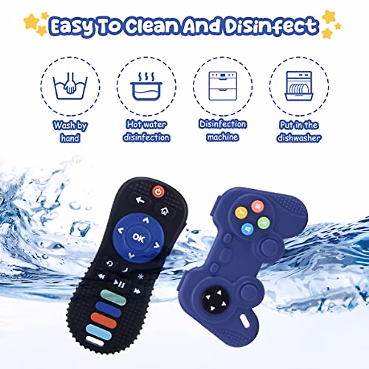 FXK Baby Teething Toys, 2 Pack TV Remote Control & Game Controller Shape Teether Toys, BPA Free Chew Toys Set for Babies 6-12 Months(Black+Blue)