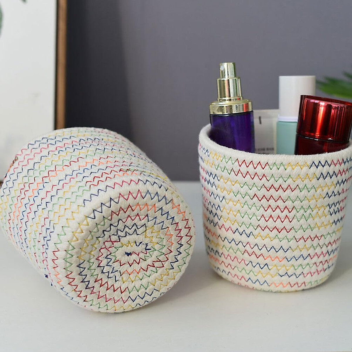 Alipis desktop storage basket toy storage bins with lids woven rope storage baskets Small Desktop Storage baskets with lids woven key baskets white Woven Basket child cotton rope Rattan