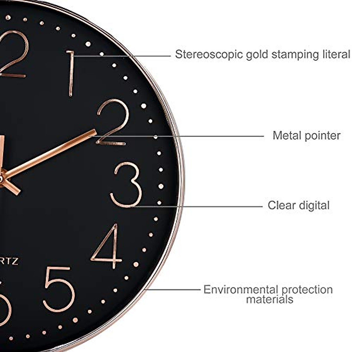 JINMA 12 Inch Modern Wall Clock Silent Non Ticking Easy to Read Decorative Wall Clocks for Living Room Decor Home Office Kitche (Black Rose Gold)