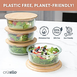 Crutello Glass Storage Containers with Bamboo Lids - Eco-Friendly Non Toxic Meal Prep Jars with Wooden Lid for Fridge and Kitchen Organization - Non Plastic Container for Fruit Bowls - 32 oz - 4 Pack