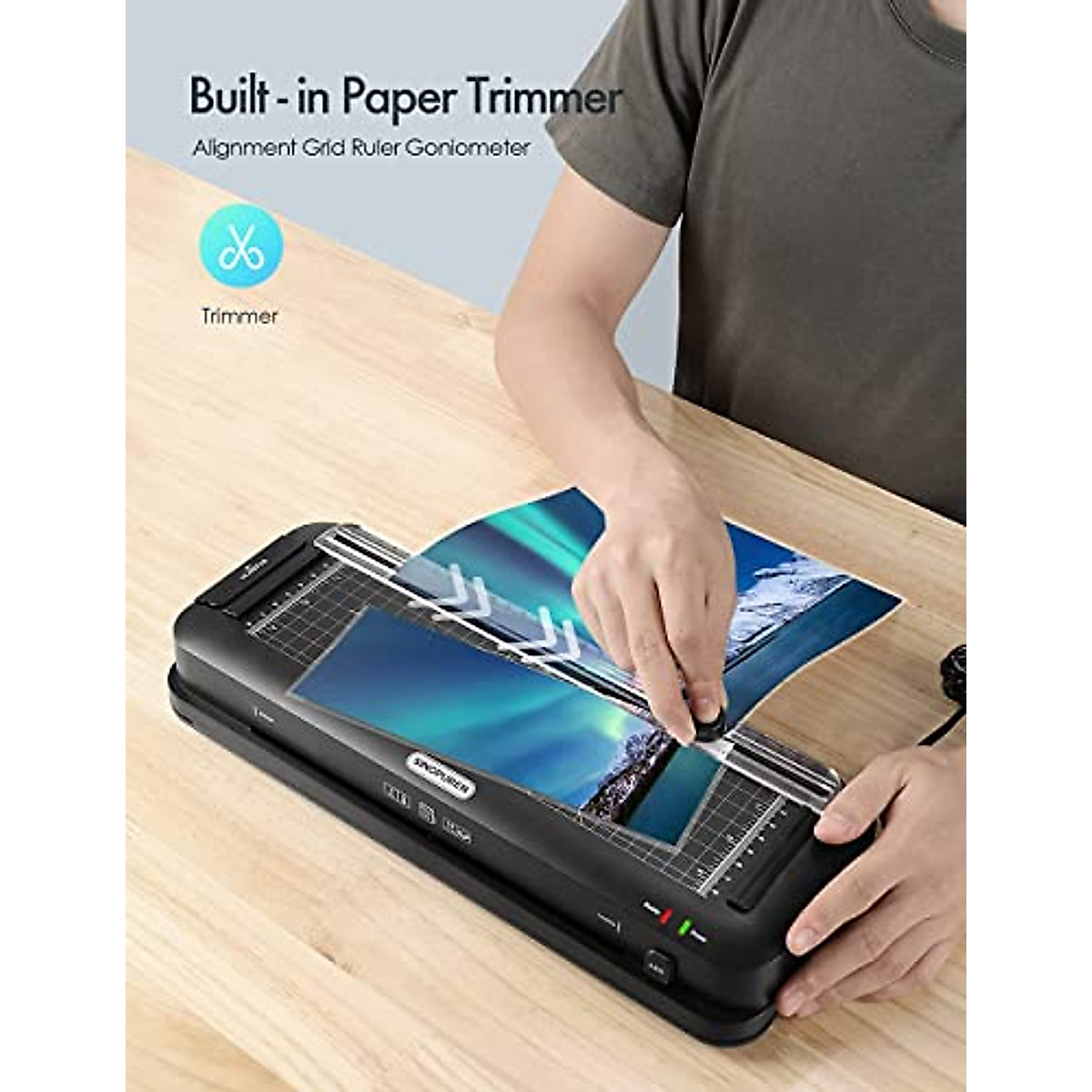 Sinopuren Laminator Machine and Laminating Pouches Bundle, Personal 3-in-1 Desktop Laminating Machine Built-in Paper Trimmer Punch and Corner Rounder, Thermal Laminating Sheets 5Mil 100pack, Clear