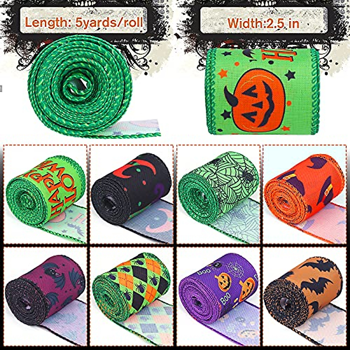 8 Rolls Halloween Ribbon Printed with Spotted Purple Spider Webs Pumpkin Bats Pumpkin Spider Webs, 80 Yards(8 Roll x 5 yd) * 2.5 inch Grosgrain Ribbon for Halloween Wreath DIY and Party Decor.